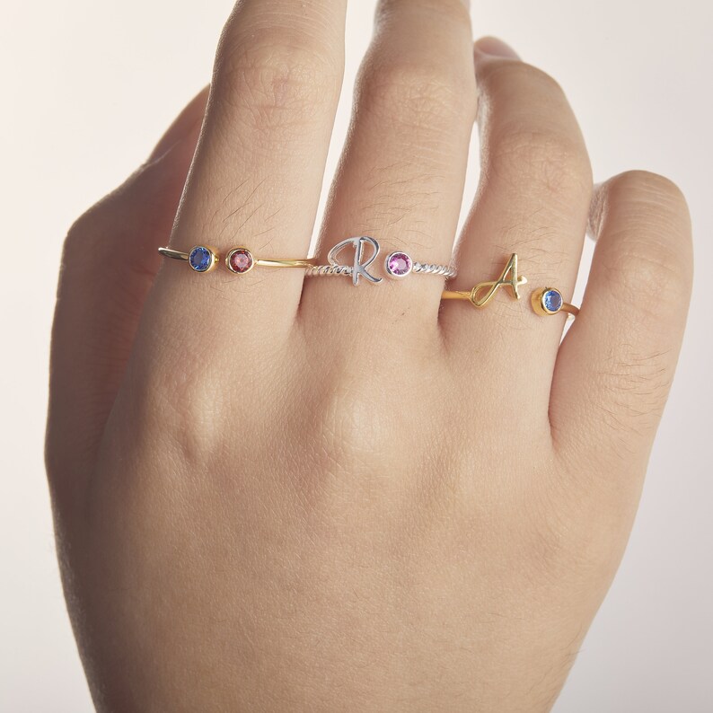 Personalized Stackable Ring Dual Birthstone Ring gemstone - Etsy