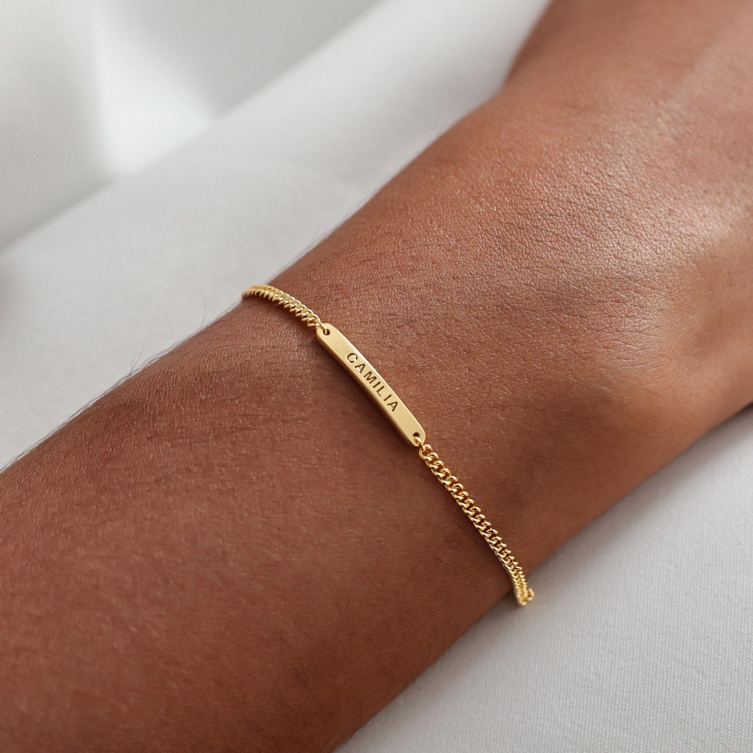 Custom Engraved Mini Bar Bracelet With Curb Chain | Dainty Name ...