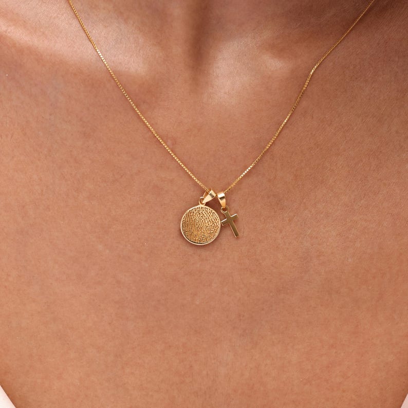 Circle Charm Fingerprint Necklace With Cross Charms | Actual Thumbprint ...