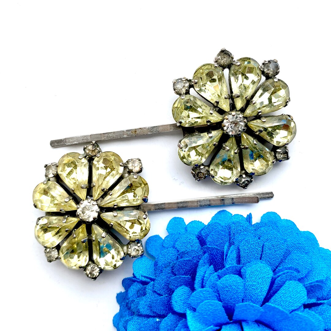 1950s Vintage Yellow Rhinestone Hair Pins, Antique Hair Clips, Flower ...