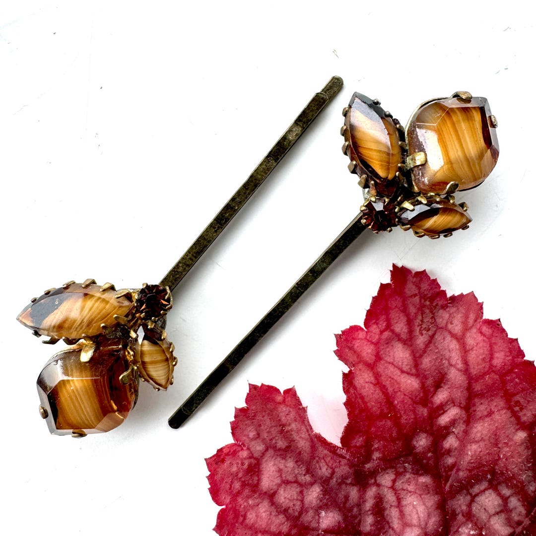 1950s Vintage Bronze Leaf Hair Pins, Amber Glass Vintage Hair Pins ...
