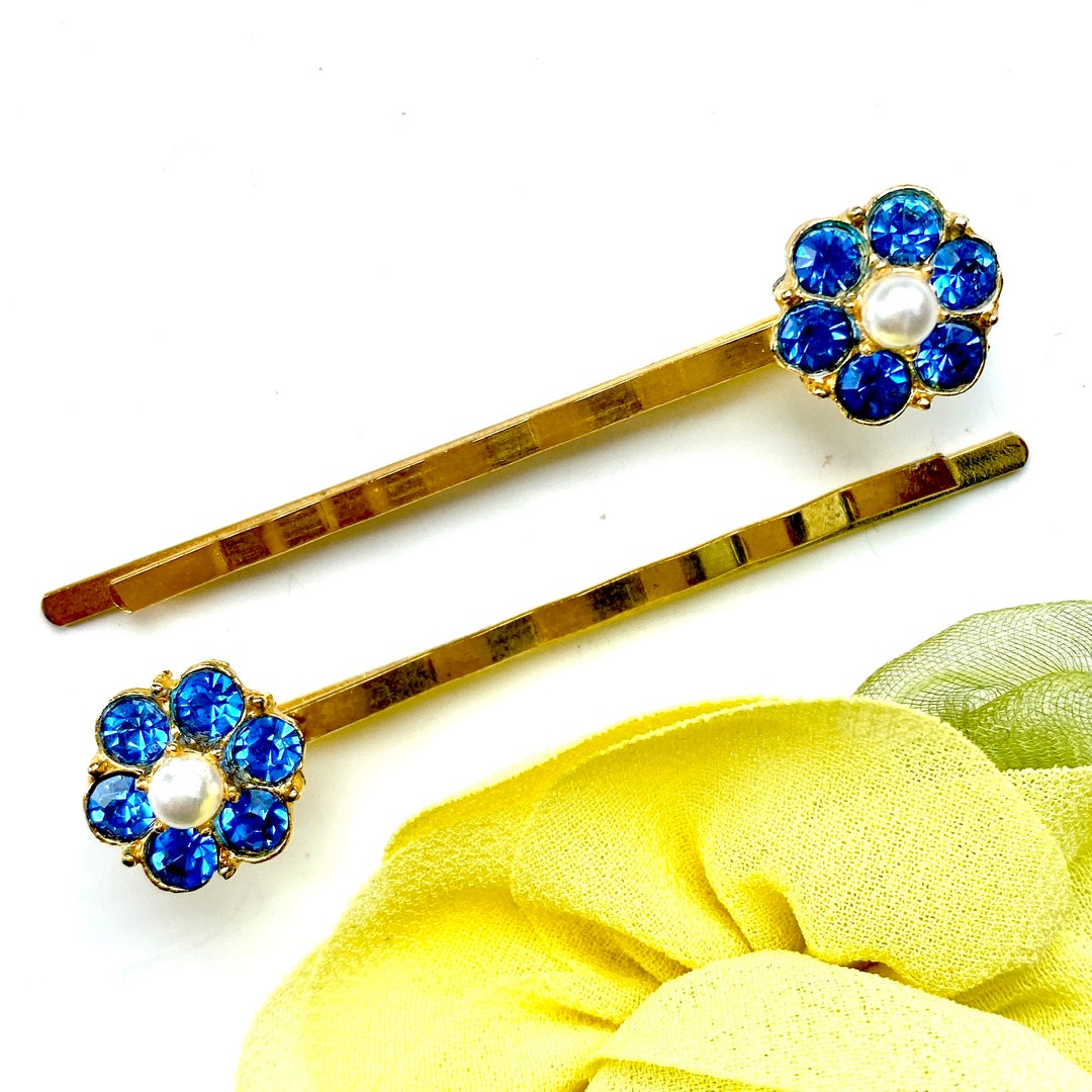 Blue Vintage Hair Pins, Vintage Hair Clips With Blue Rhinestones and ...