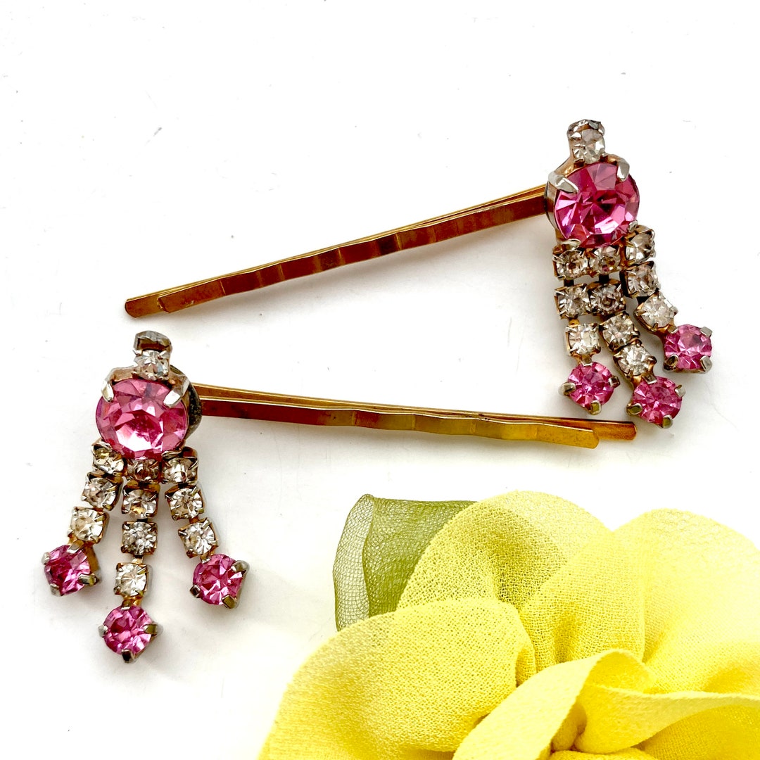 1950s Vintage Pink Hair Pins, Pink Jewelled Hair Clips, Pink Hair ...