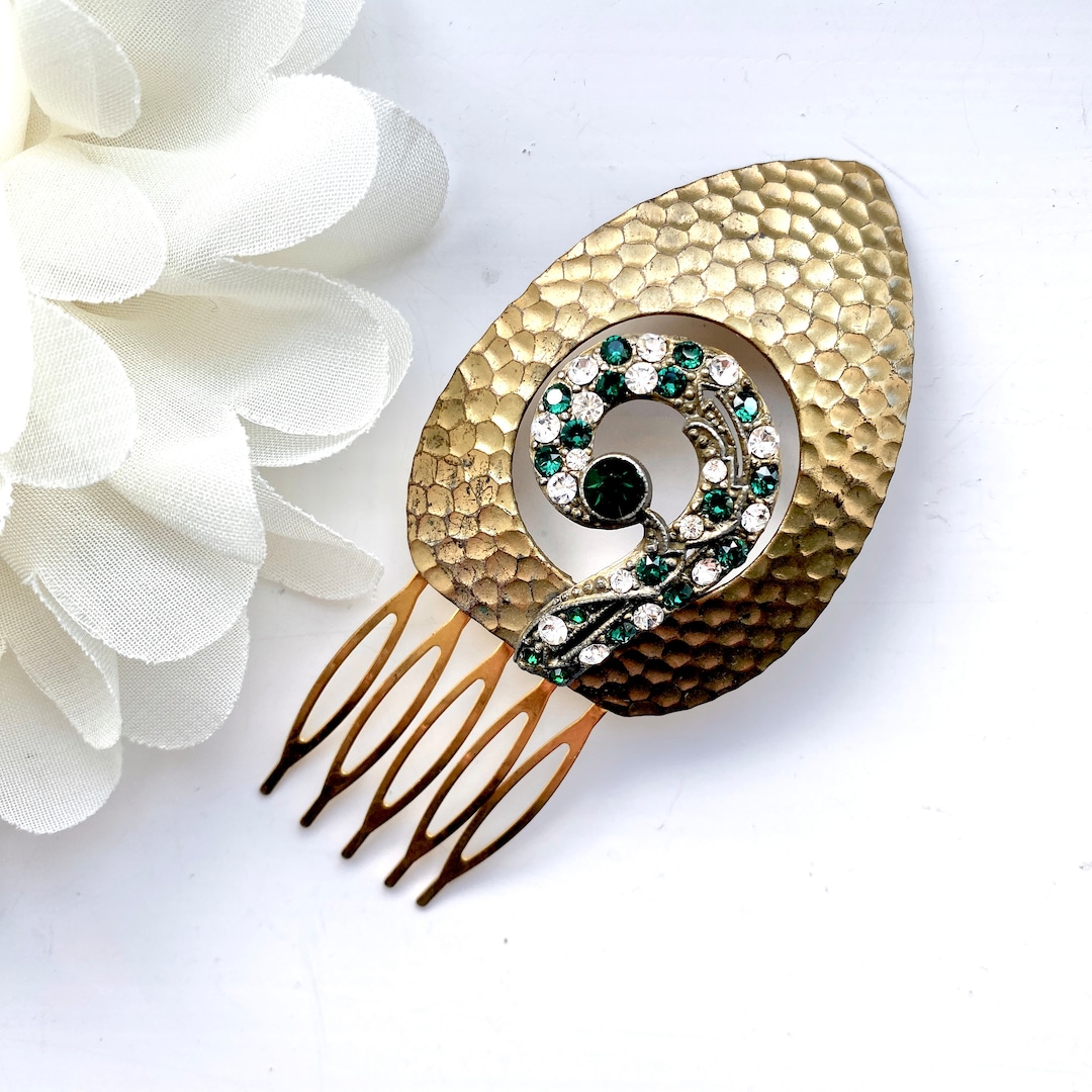 Vintage Green Jewelled Hair Comb, 1920s Hair Comb, Art Deco Hair Comb ...