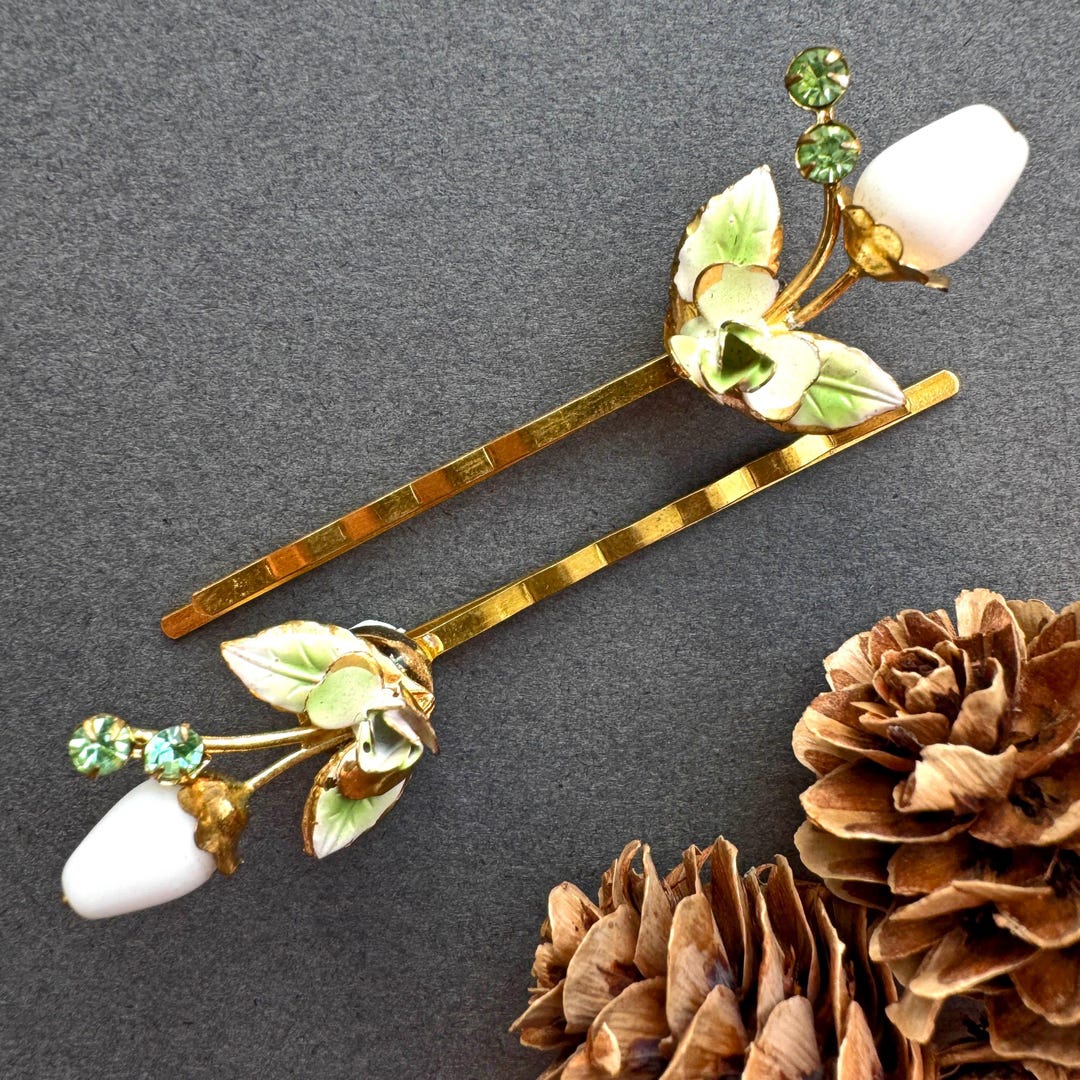 1930s White Glass and Sage Green Rhinestone Flower Hair Pins: Tulip ...