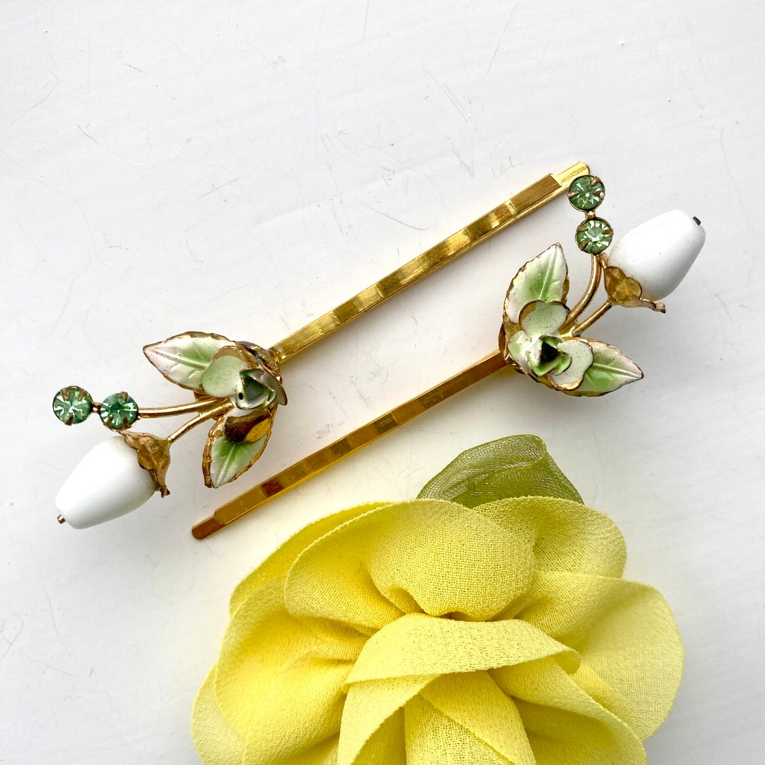 1930s White Glass and Sage Green Rhinestone Flower Hair Pins, Handmade ...