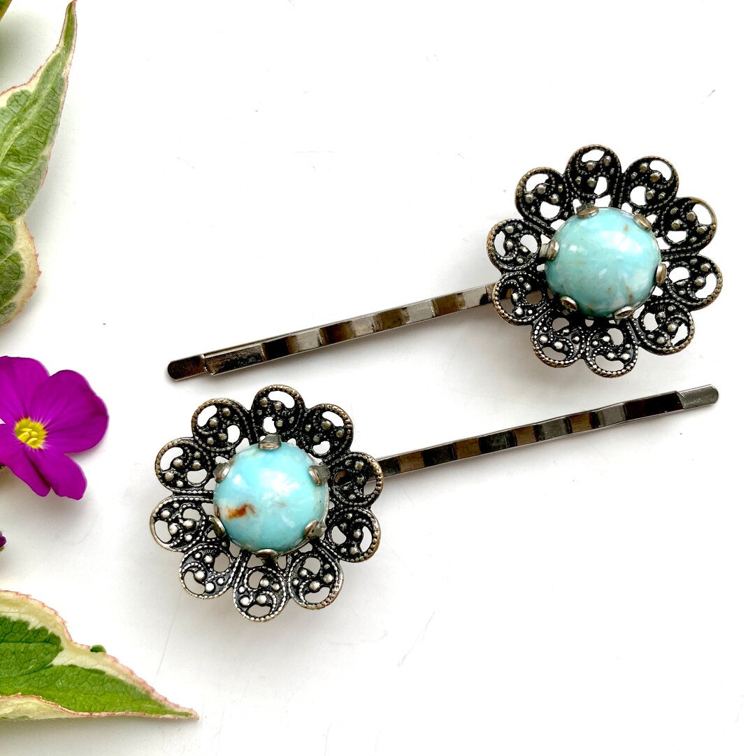Vintage Turquoise Hair Pins 1930s, Turquoise Silver Hair Slides for ...