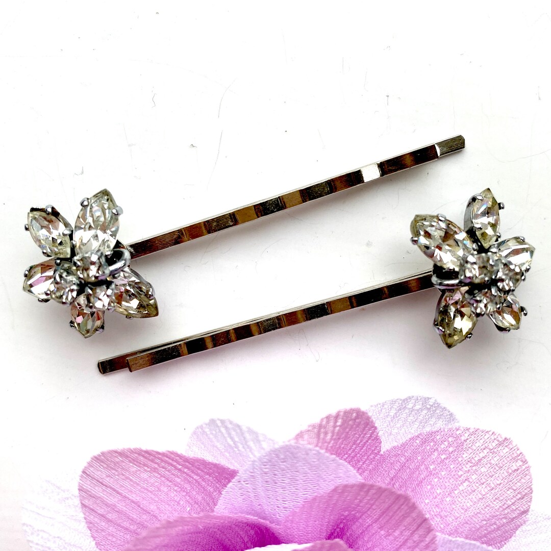 1950s Vintage Jewelled Hair Slides for Women, Silver Antique Hair Clips ...