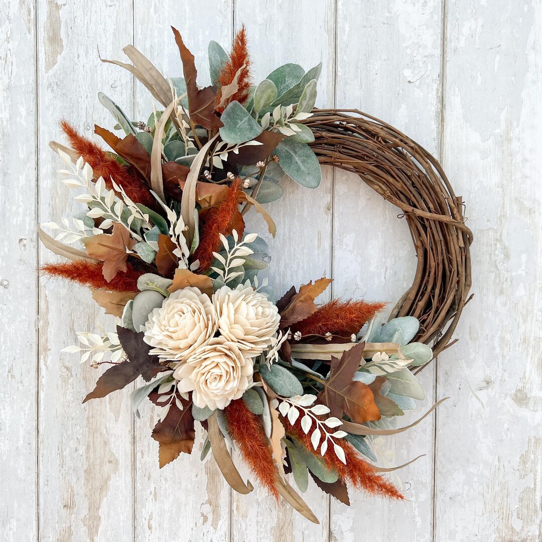 Boho Fall Wreath With Pampas Grass, Pumpkins, and Wood Flowers for Fall ...