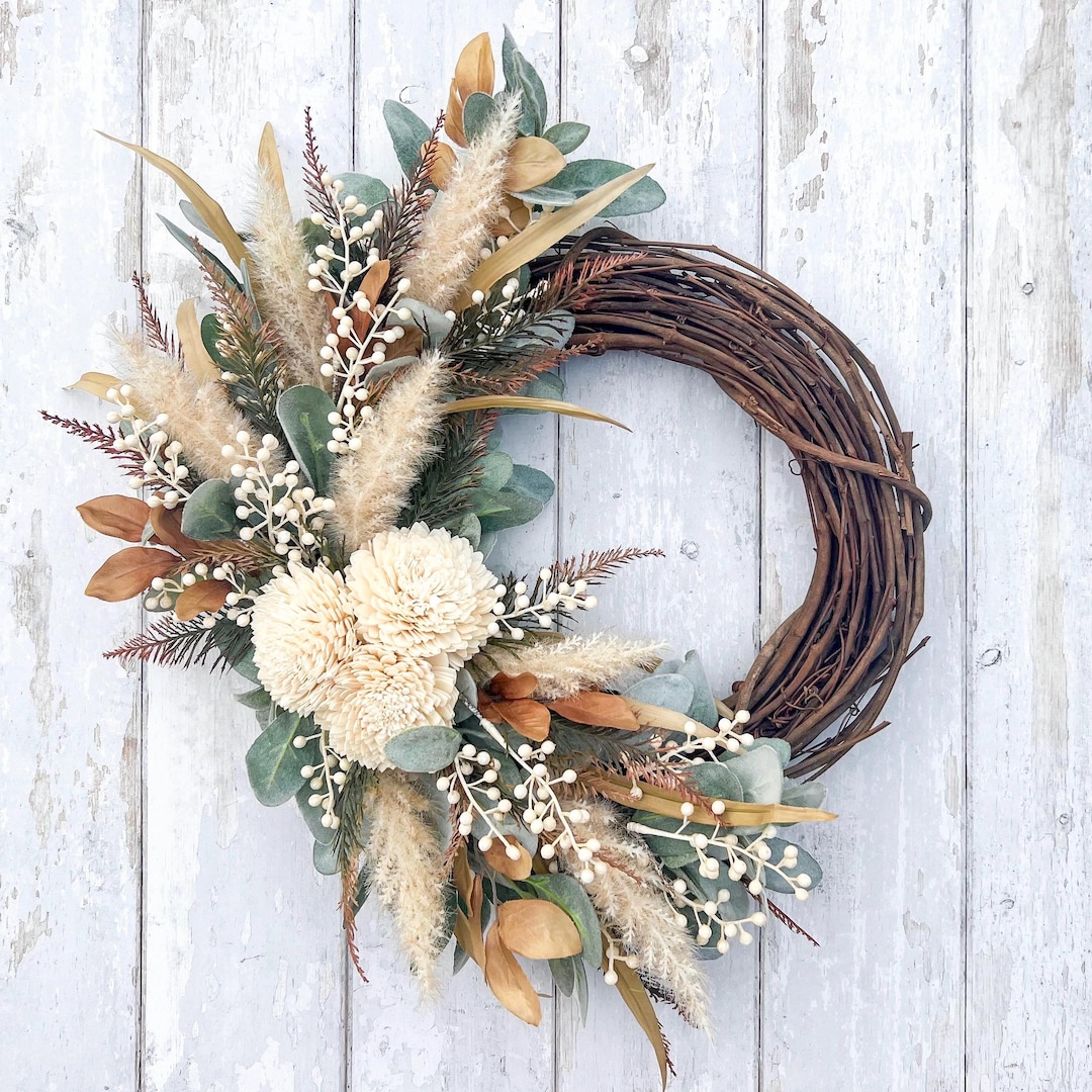 Boho Fall Wreath With Pampas Grass, Cream Berries, and Wood Flowers for ...