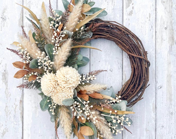 Boho Fall Wreath With Pampas Grass, Cream Berries, and Wood Flowers for ...