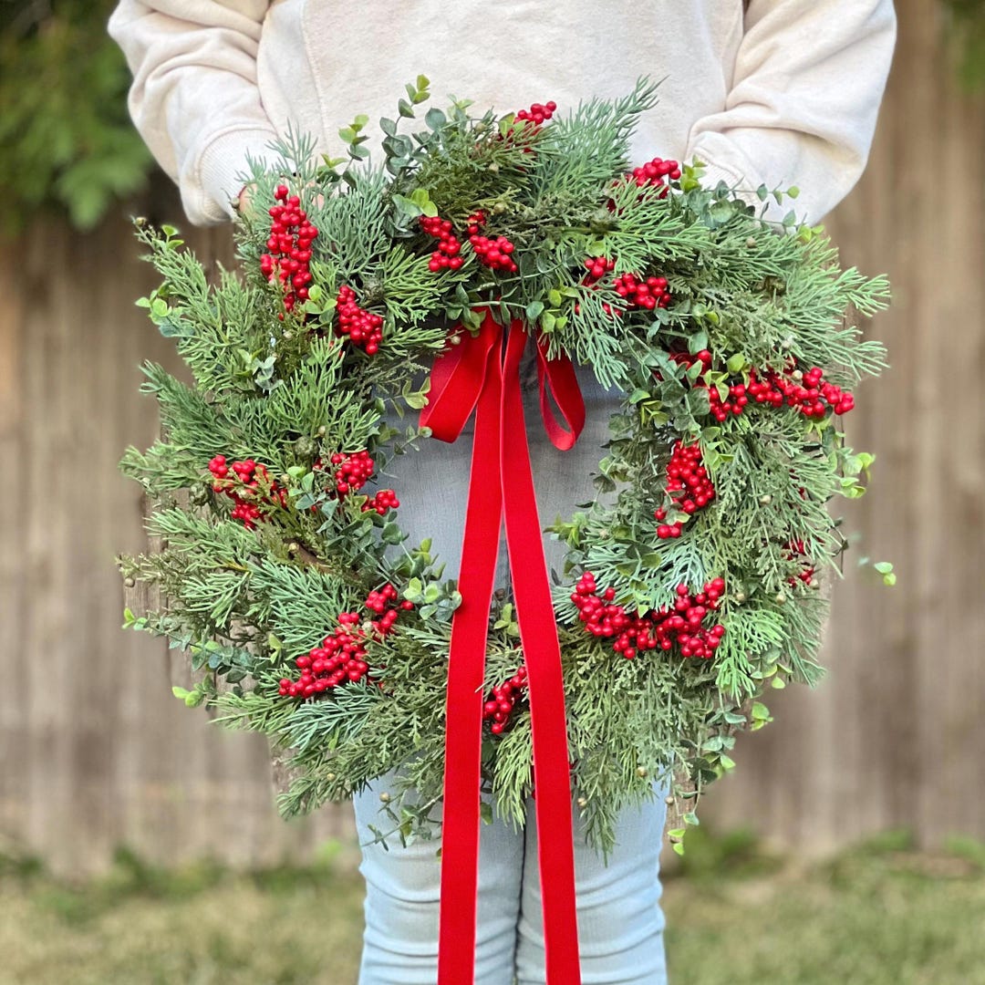 Christmas Red Berry and Cedar Wreath for Front Door With Velvet Ribbon ...
