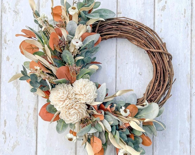 Boho Fall Wreath for Front Door With Autumn Eucalyptus Leaves, and Wood ...