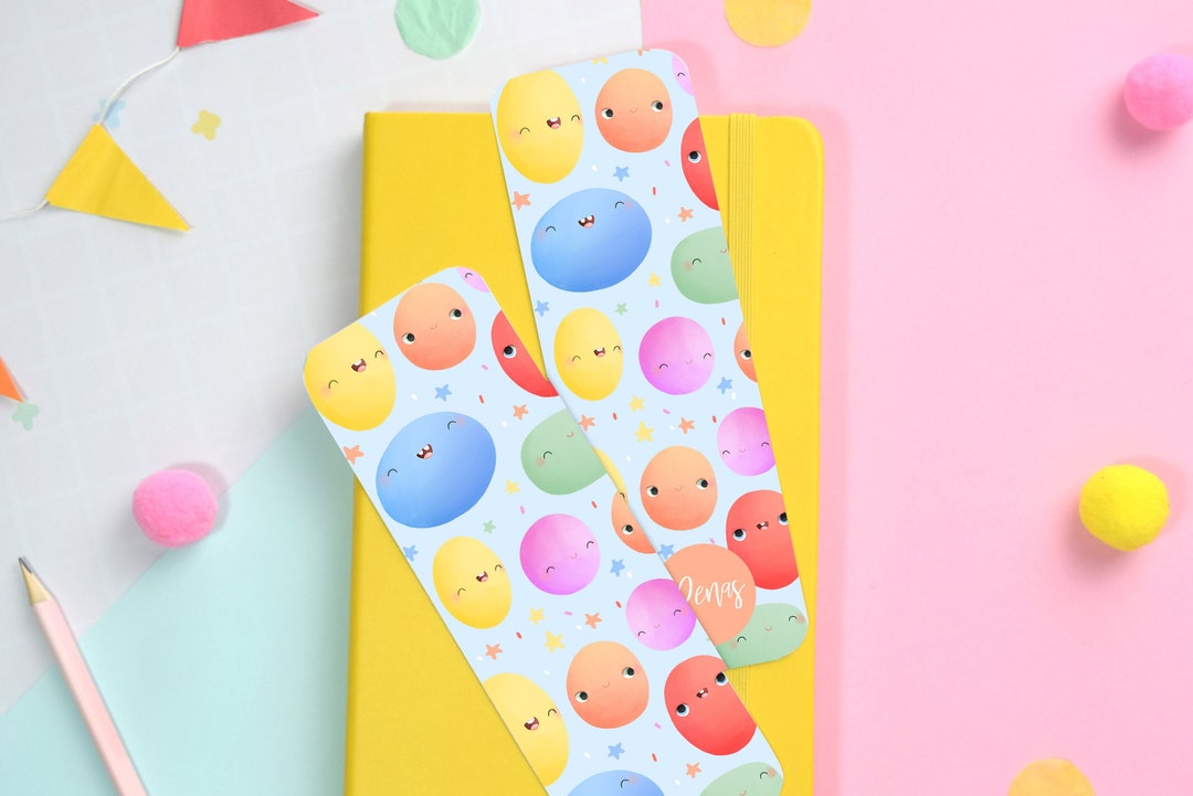 Happy blobs bookmark, rounded cute kawaii bookmark, illustrated pattern ...