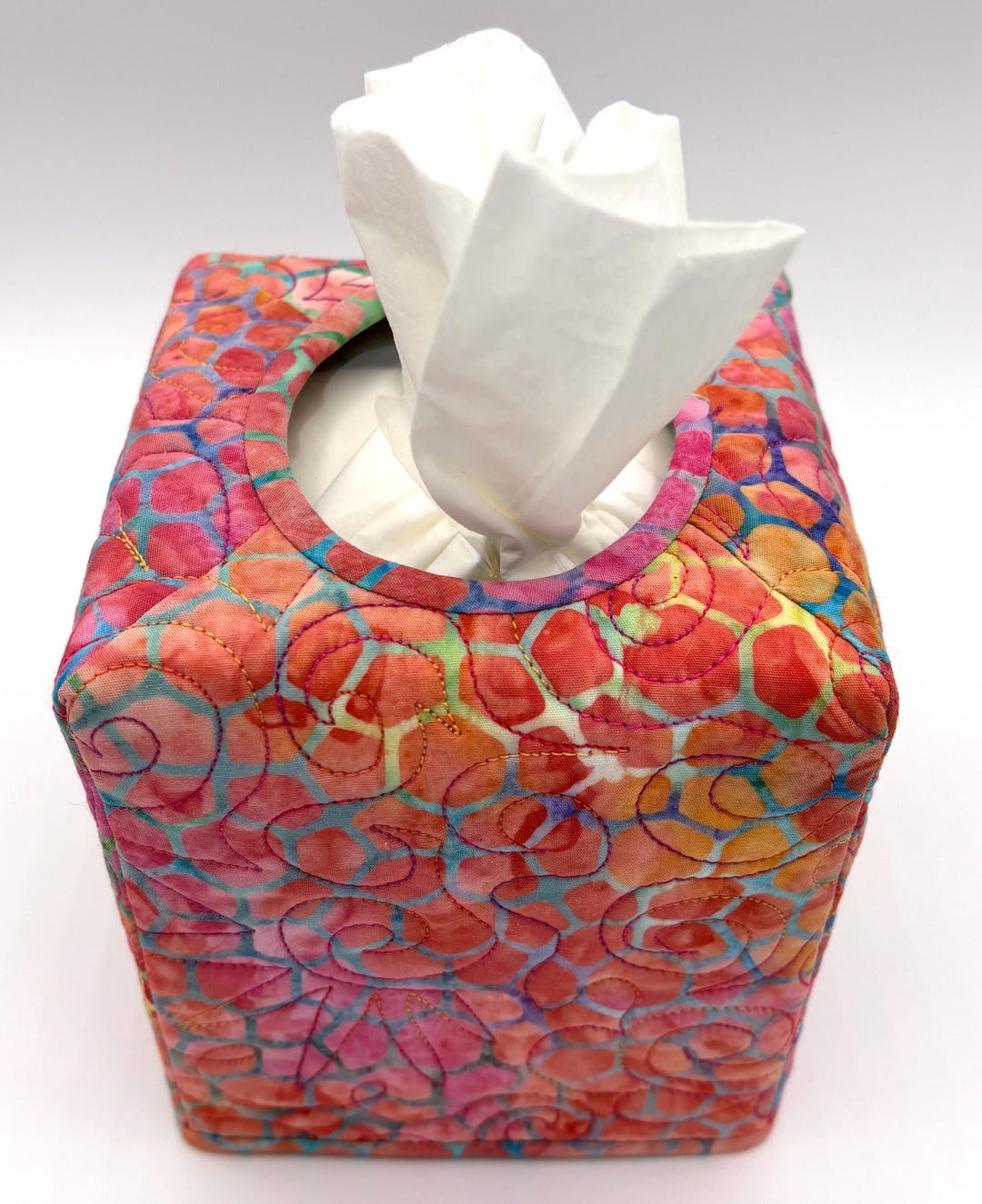 Quilted Tissue Box Cover in Pink Batik Fabric Featuring Hand Guided ...
