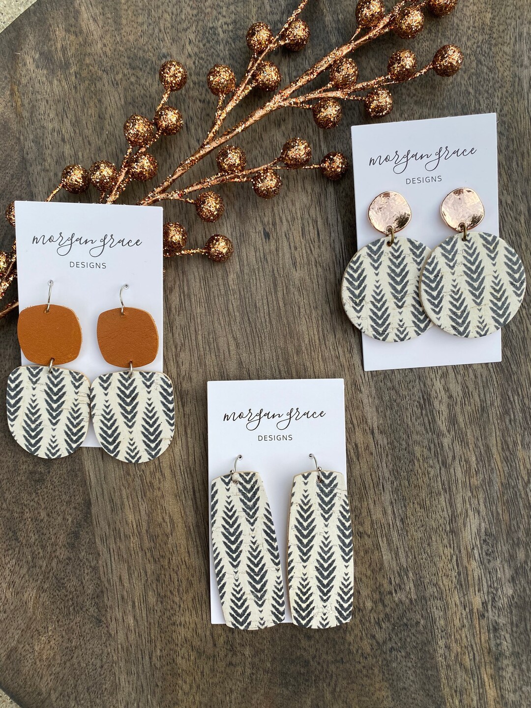 Herringbone Earrings, Herringbone Black on White Cork Leather Earrings ...