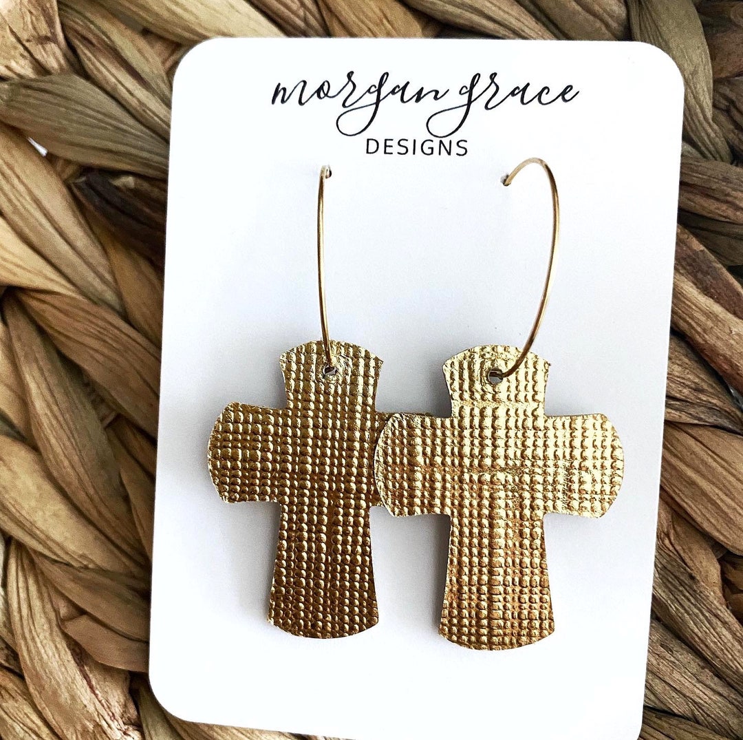 Cross Hoop Earrings, Gold Leather Cross Earrings, Silver Cross Earrings ...