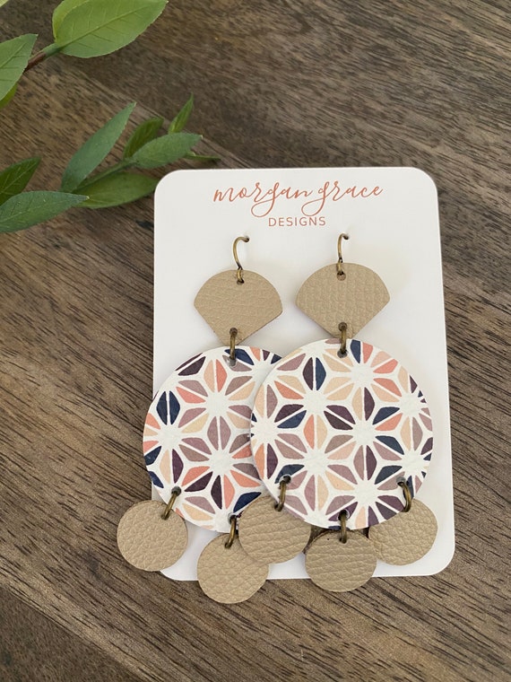 Hexagon Harvest Geometric Print Boho Round Dangle Leather - Etsy