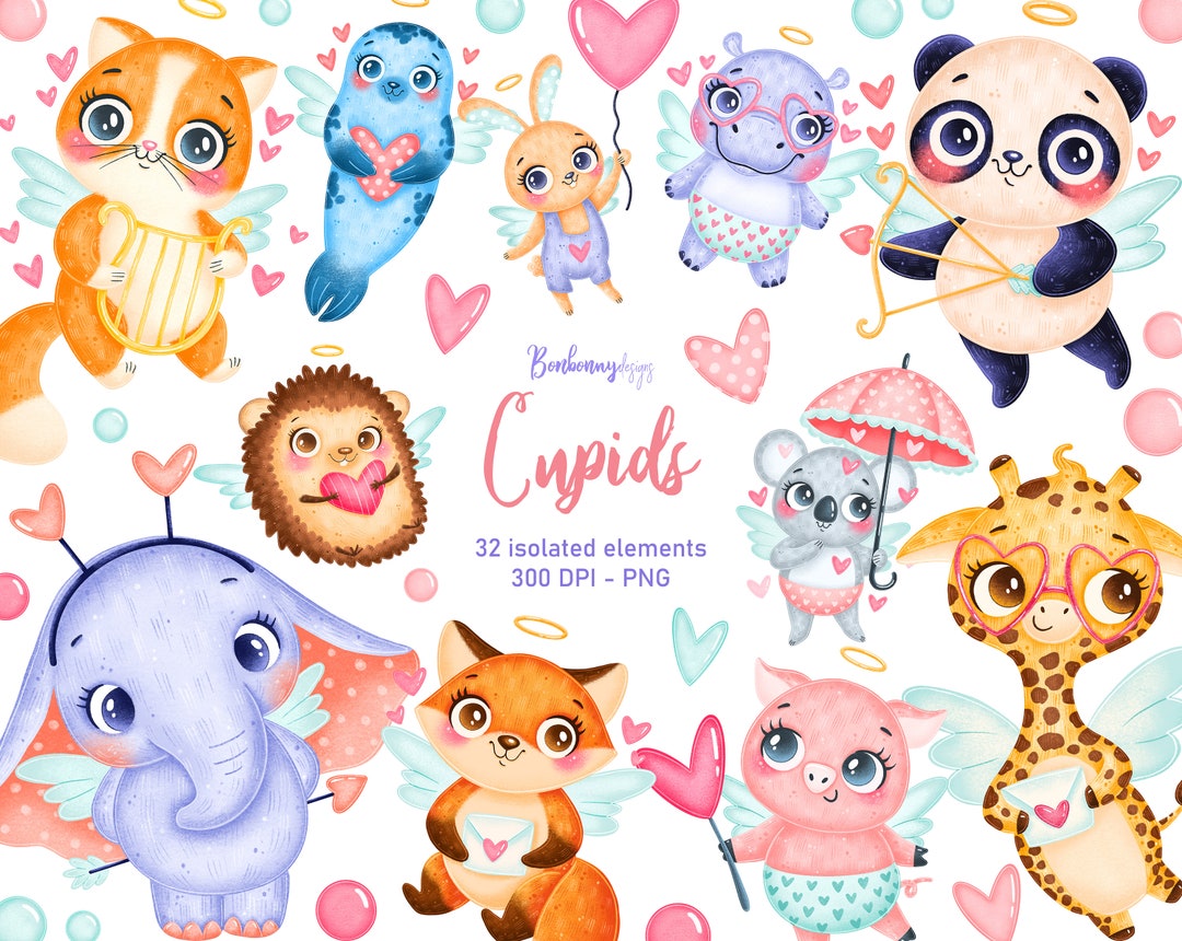 Cute Cartoon Valentine's Day Animals Clipart, Animals Cupids Clipart ...