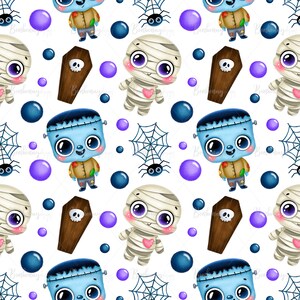 Cute Halloween Digital Paper, Cartoon Monsters Seamless Patterns, Kids ...