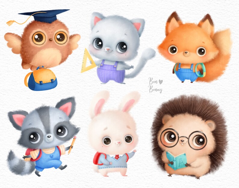 Cute Cartoon Back to School Animals Clipart Learning Clipart - Etsy