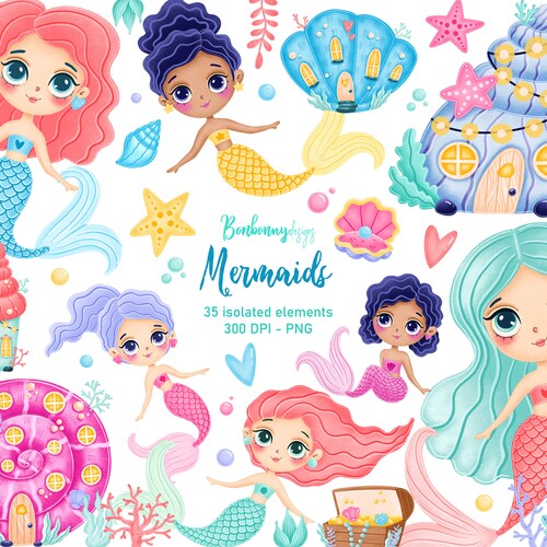 Mermaids 2. Watercolor Clipart Sea Girls Magic Fairytale - Etsy Hong Kong
