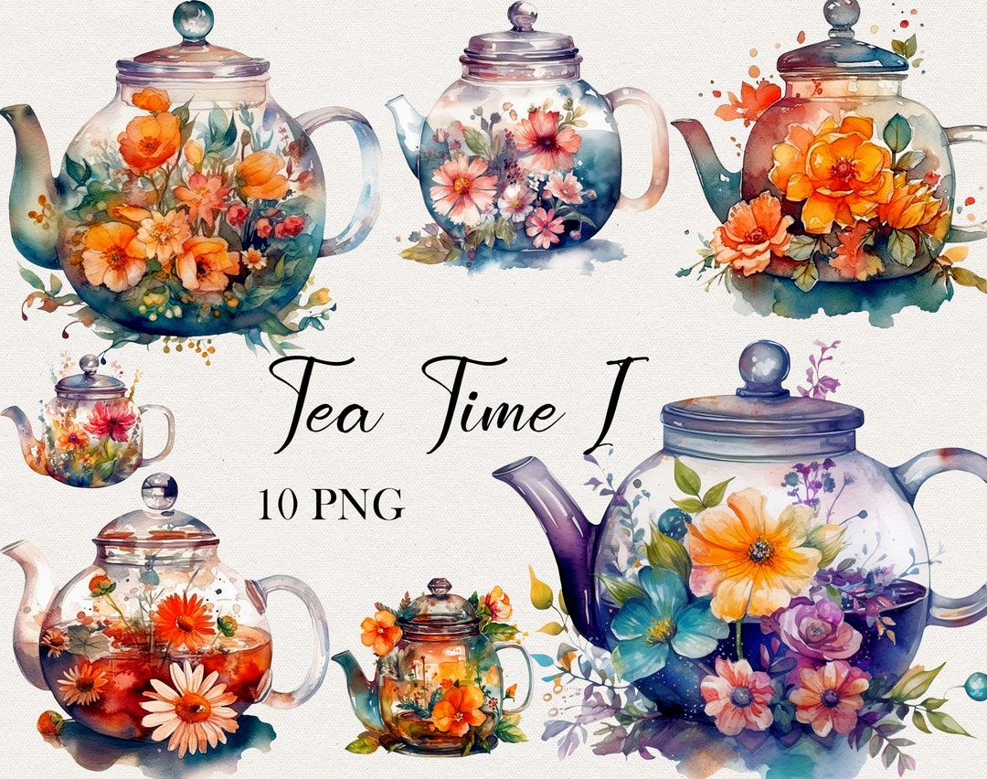 Tea Time Digital Watercolor Clipart. AI Clipart. Kettle - Etsy