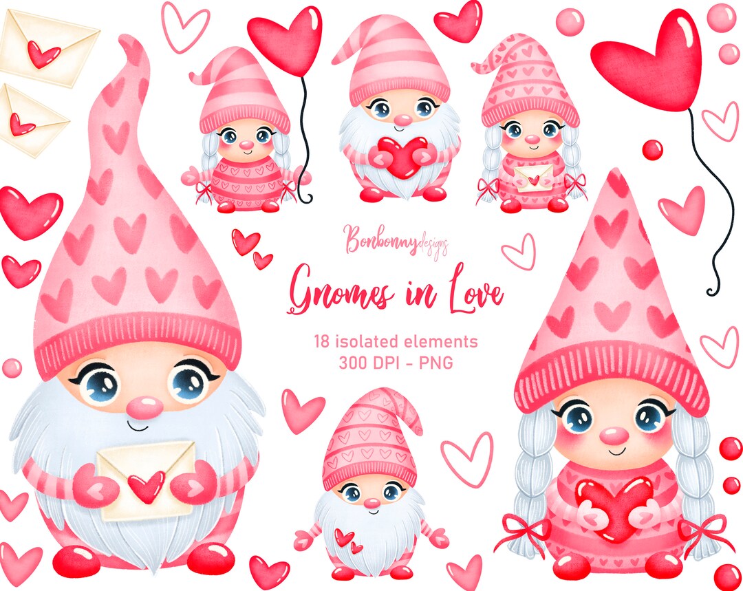 Cute Cartoon Valentine's Day Gnomes Clipart, Scandinavian Gnomes in ...