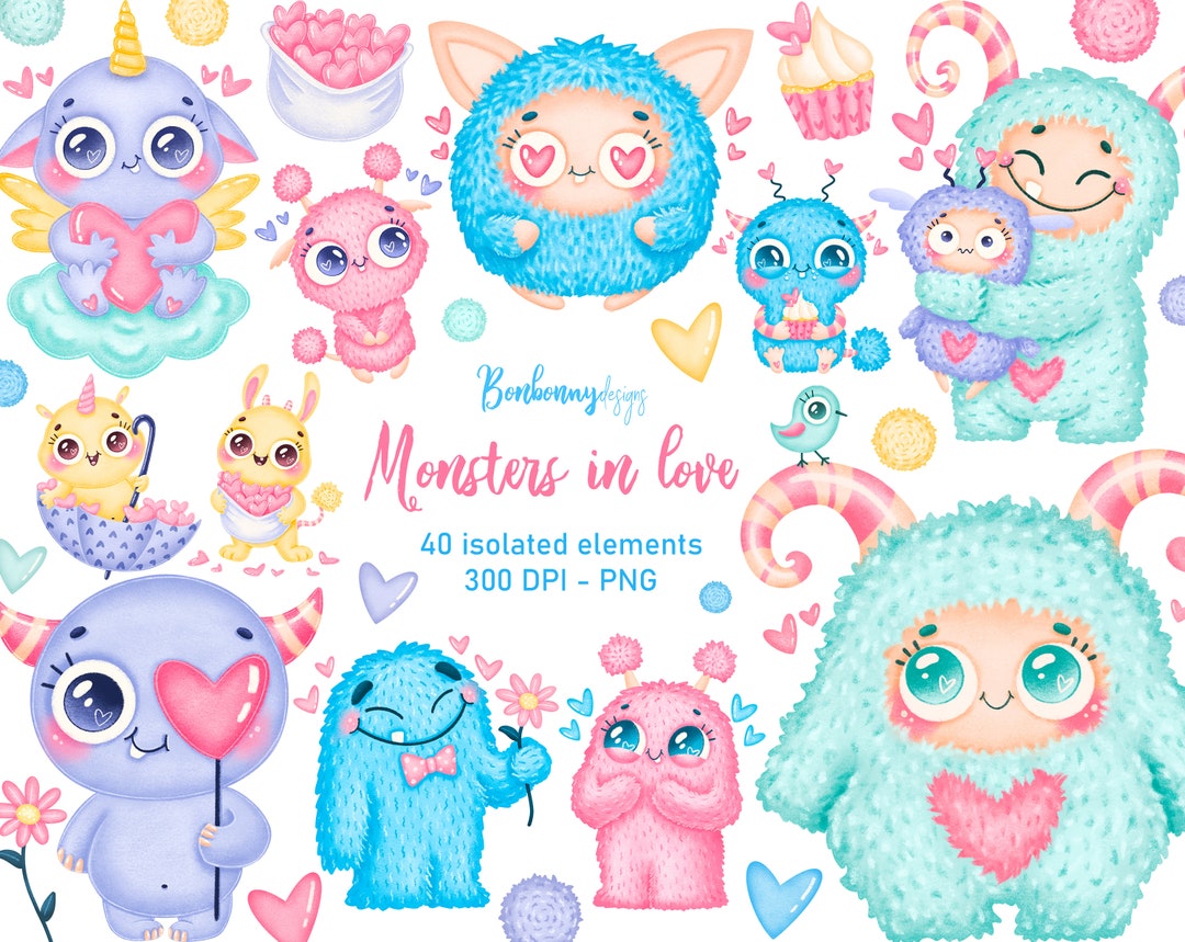 Cute Cartoon Valentine's Day Monsters Clipart Monsters in - Etsy UK
