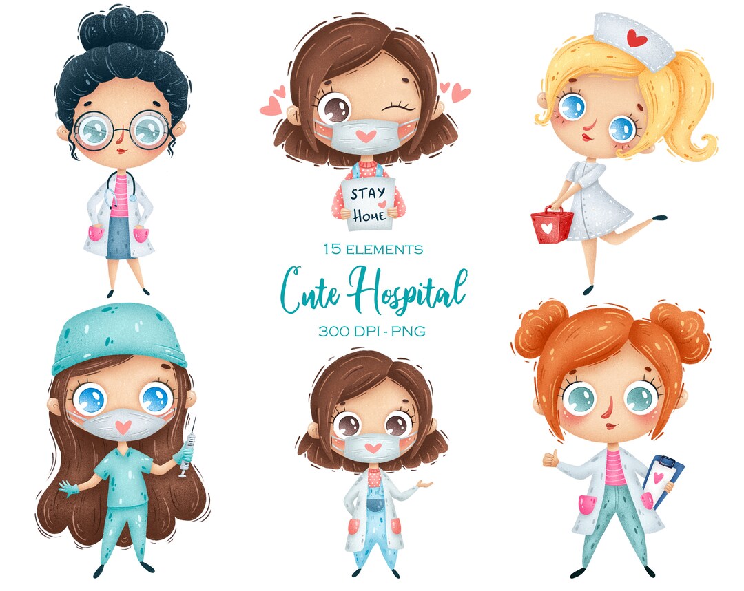 Cute Cartoon Hospital Clipart, Doctor and Nurse Dolls Clipart, Digital ...
