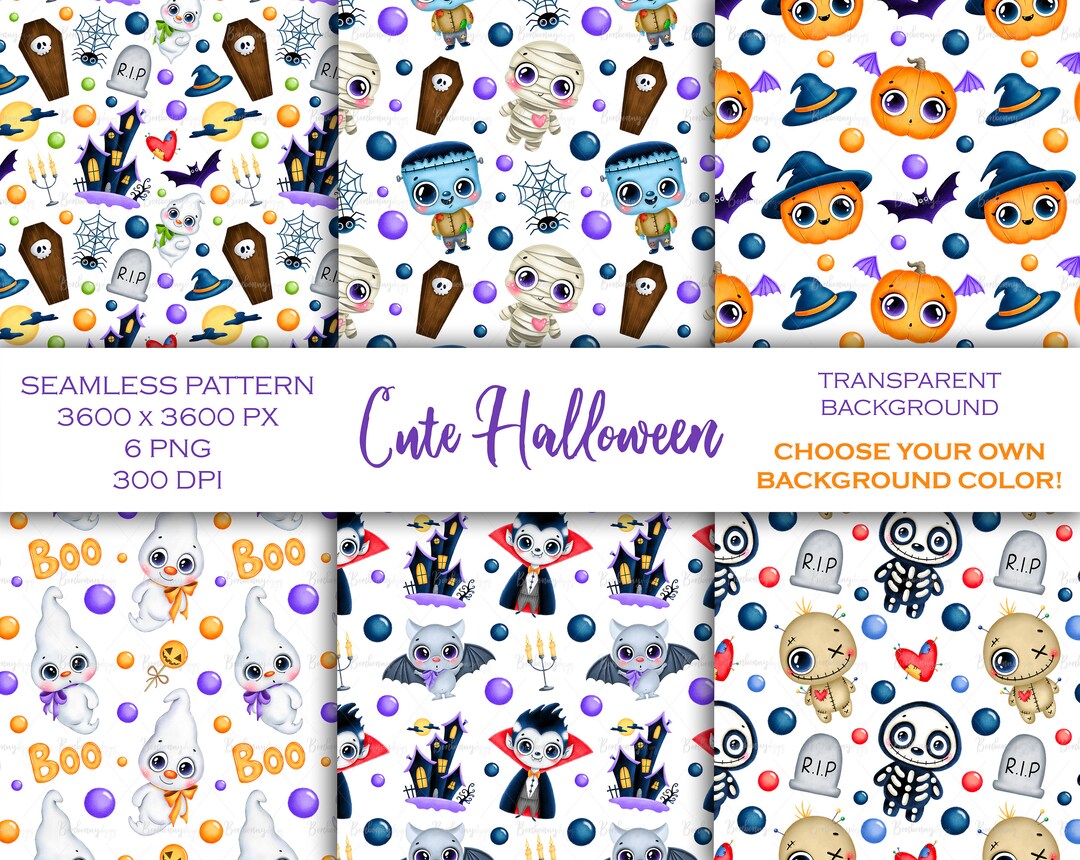 Cute Halloween Digital Paper, Cartoon Monsters Seamless Patterns, Kids ...