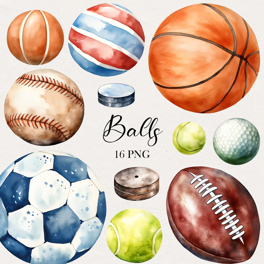 Sport Balls Digital Watercolor Clipart. Football, Soccer, Basketball ...