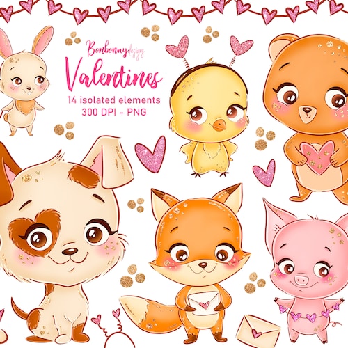 Cute Cartoon Valentine's Day Animals Clipart Animals - Etsy