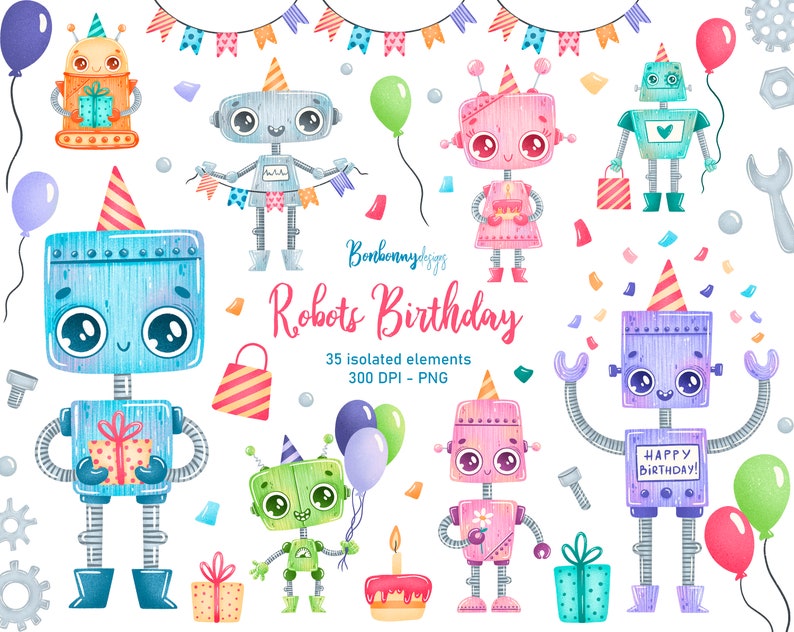 Cute Cartoon Robots Birthday Clipart Robot Birthday Party | Etsy
