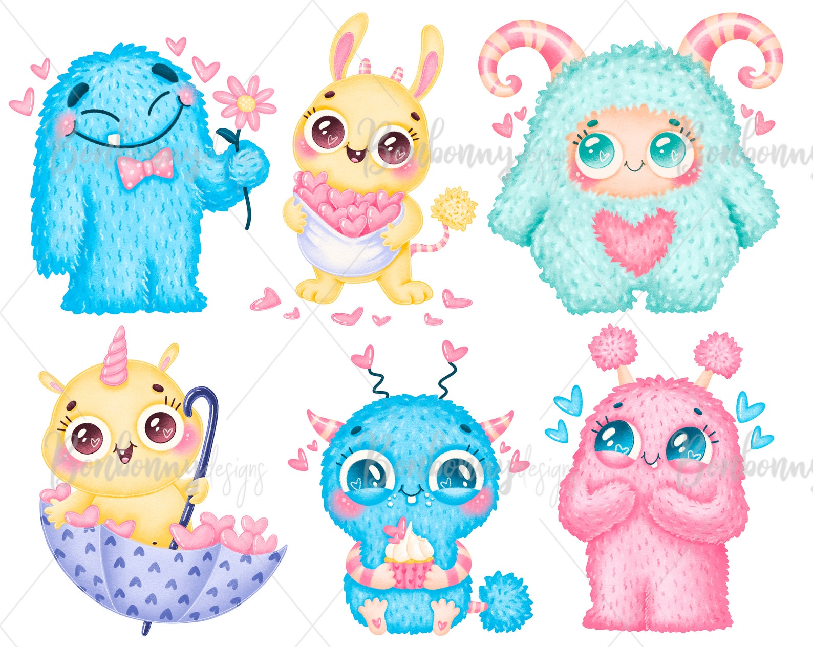 Cute Cartoon Valentine's Day Monsters Clipart Monsters in | Etsy