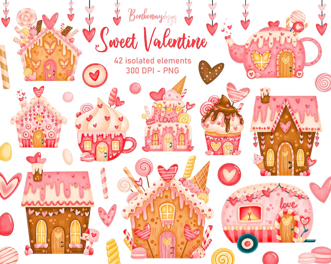 Cute Valentines Day Gingerbread Houses Clipart, Cartoon Valentines ...