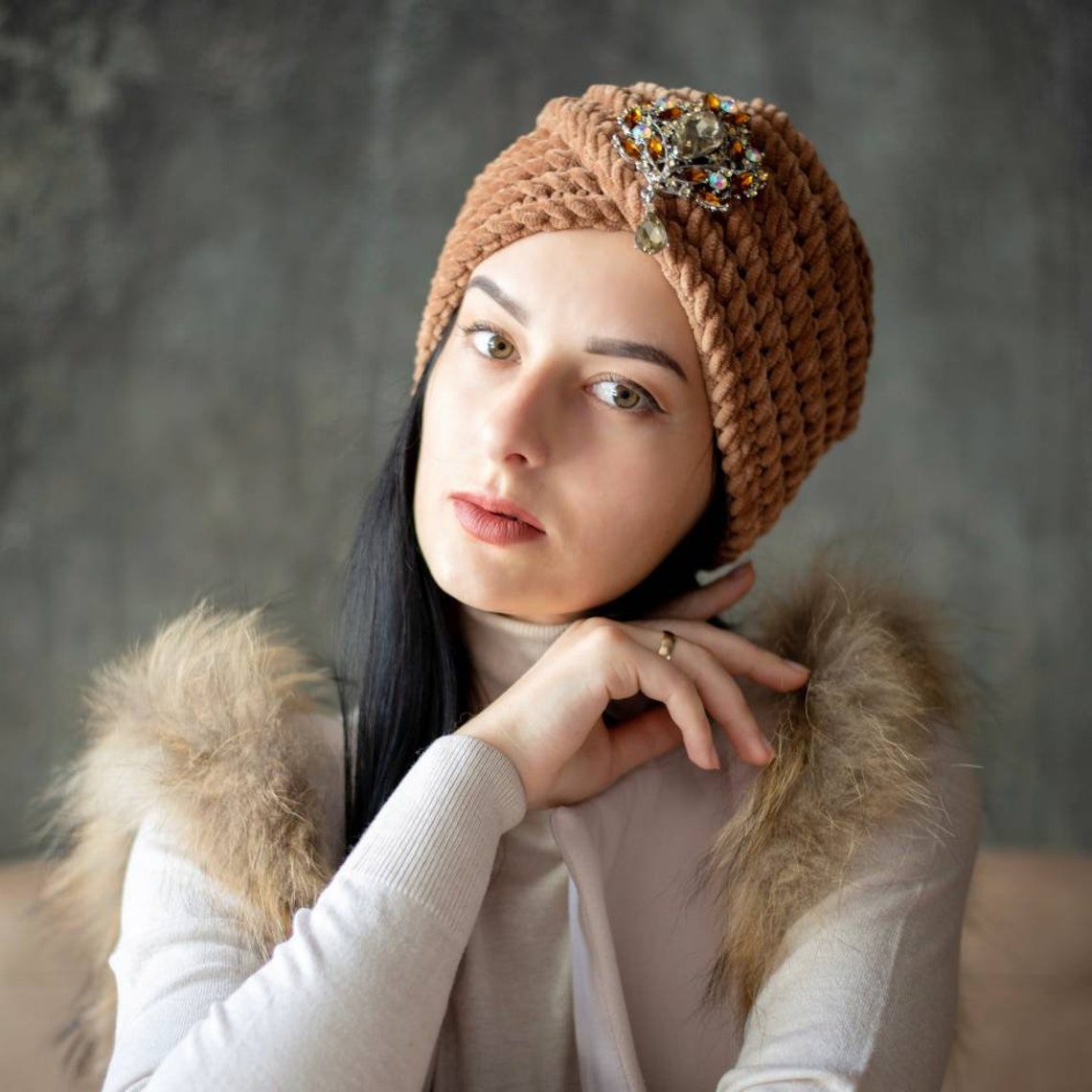 Woman stylish brown knitted turban Velour turban Full turban | Etsy