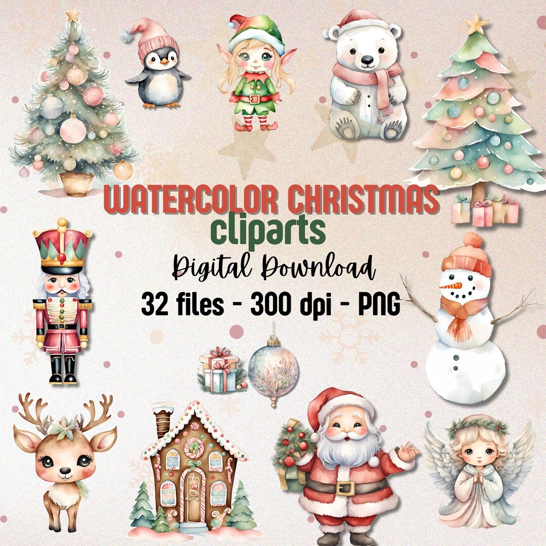 Watercolor Whimsical Christmas Clipart - 32 Transparent PNG Files ...