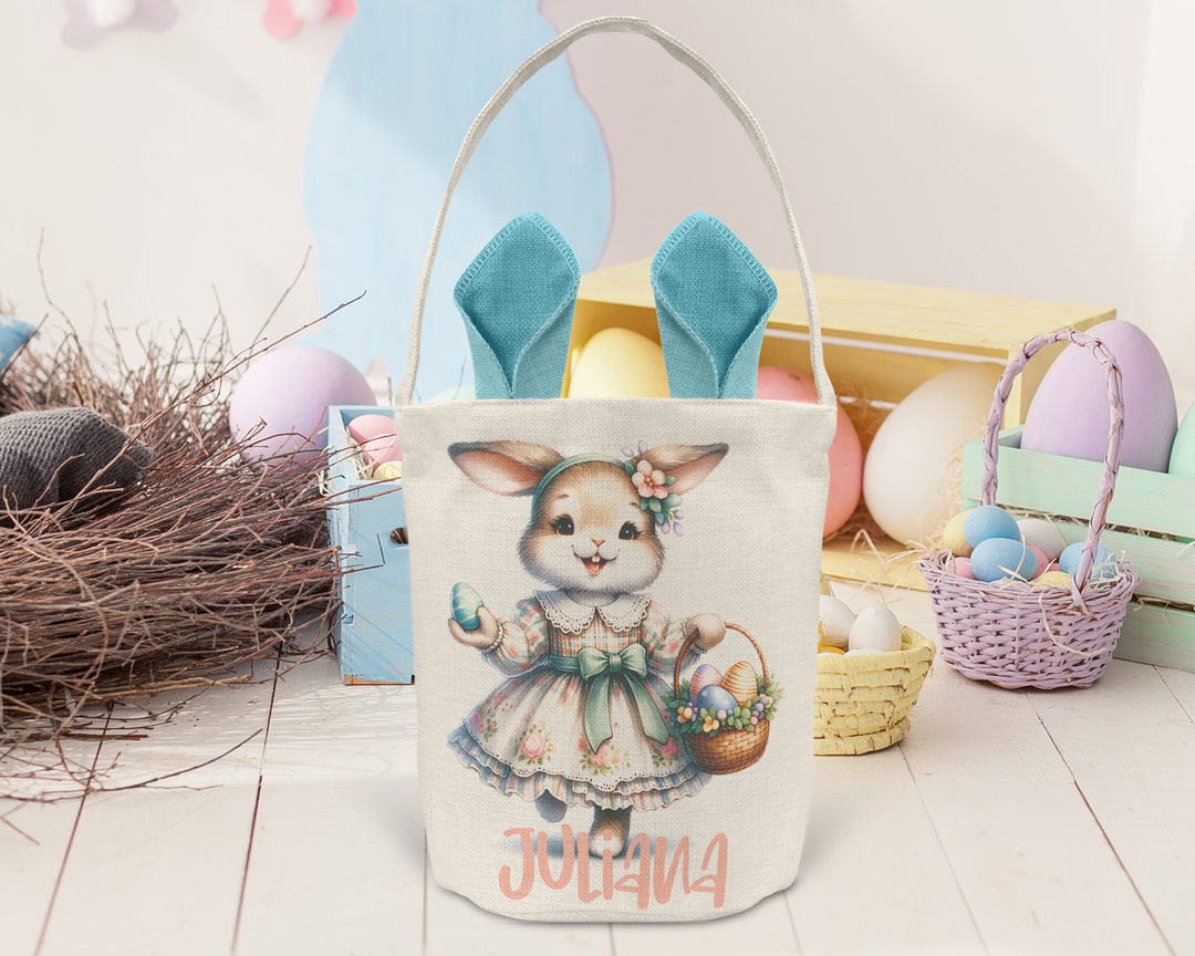 Personalized Easter Bunny Tote Bag, Bunny Ears Easter Basket, Linen ...