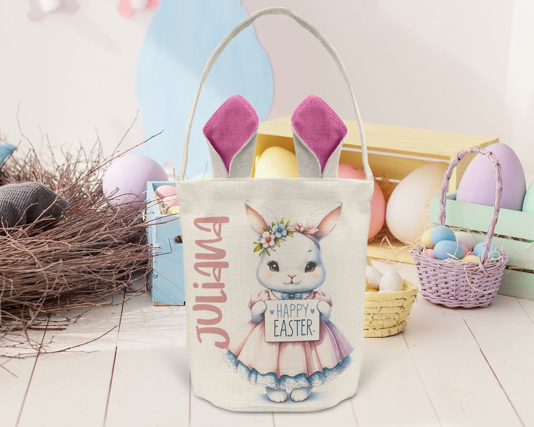 Personalized Easter Bunny Tote Bag, Bunny Ears Easter Basket, Linen ...