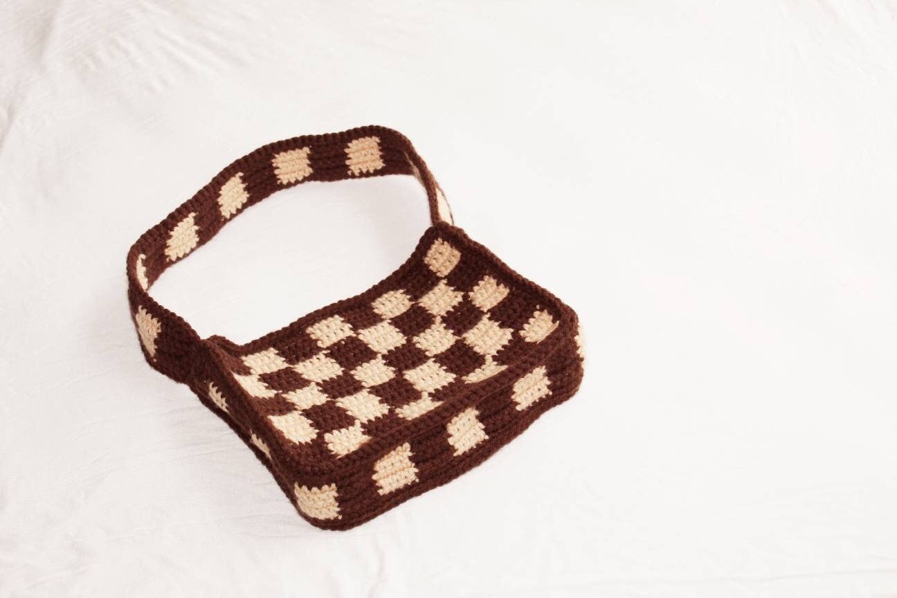 Brown Checkered Crochet Shoulder Bag/ Crochet Purse/knitted Bag ...