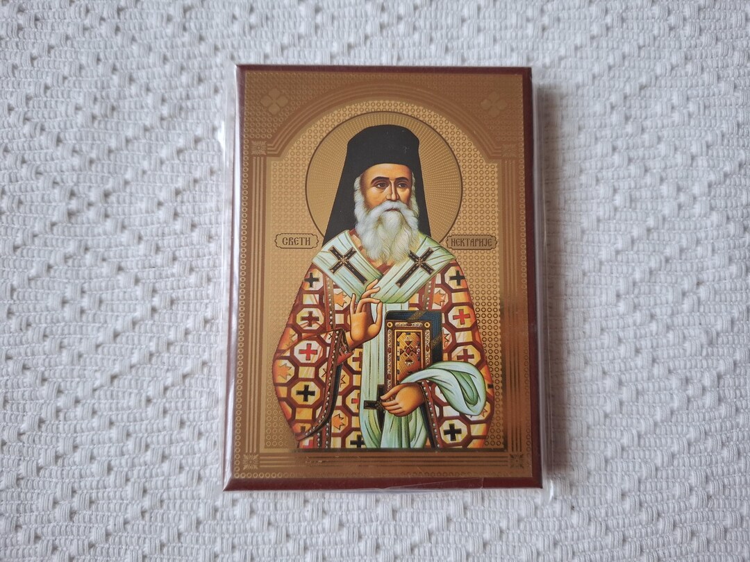 Handmade Serbian Orthodox Icon of St Nektarije - 10 X 8 Cm (3.9 X 3.1 ...