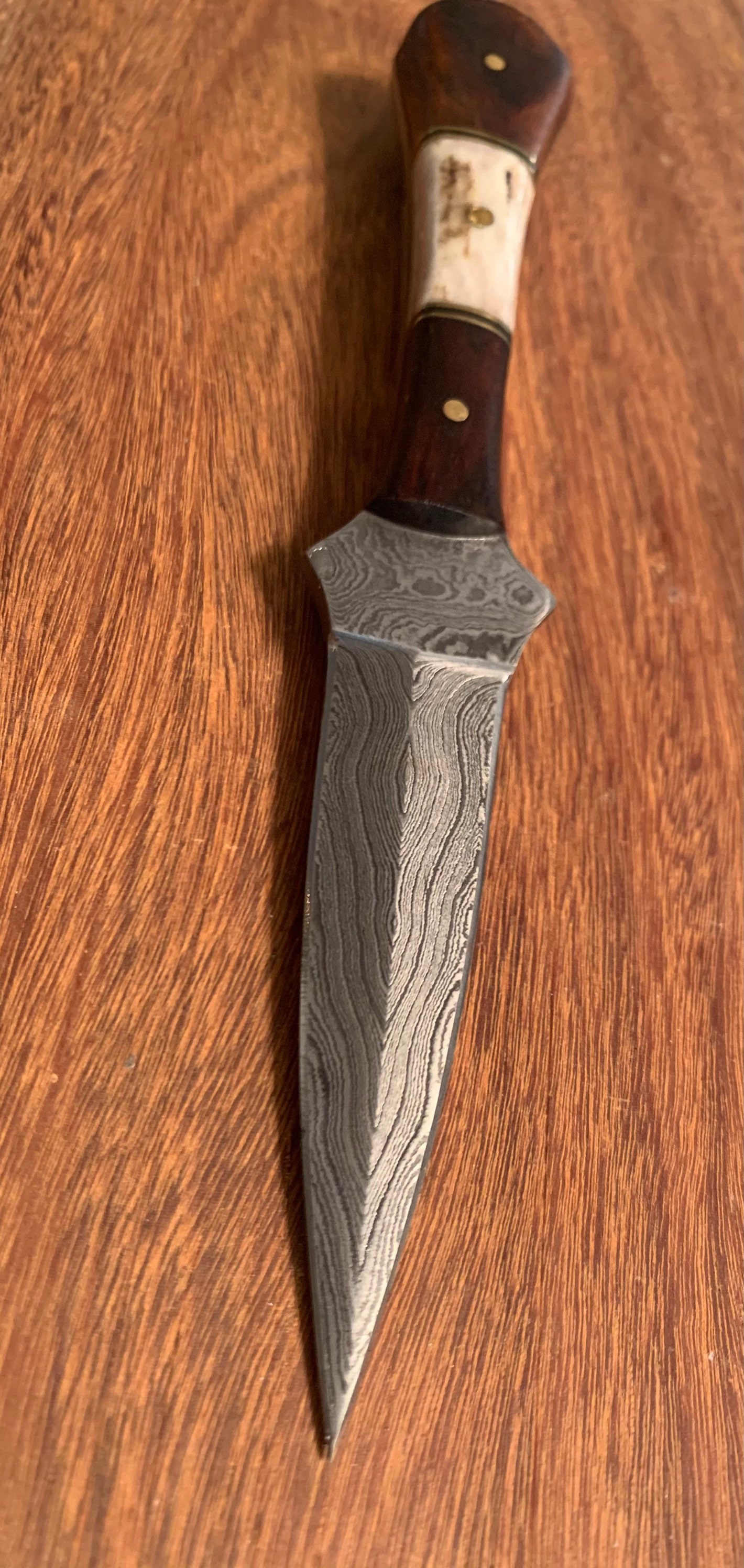 7" Handmade Damascus Full Tang Boot Knife W/ Walnut and Camel Bone ...