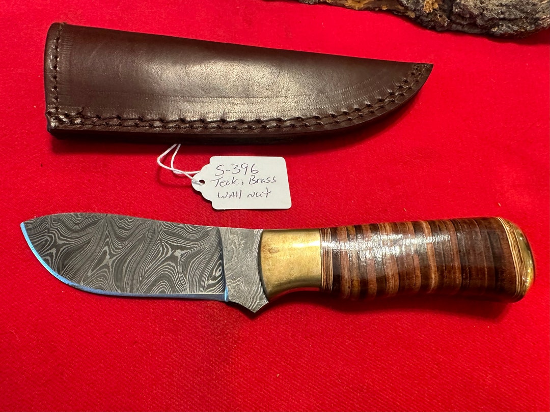 8 1/2” Handmade Skinning Full Tang Damascus Knife W/ Teak and Walnut ...