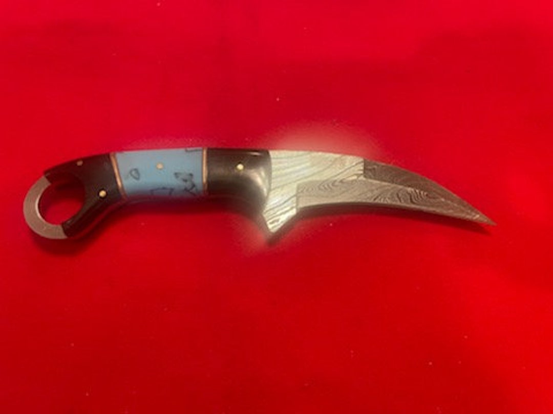 9" Handmade Damascus Twist Pattern Karambit Hunting Knife W/ Bull Horn ...
