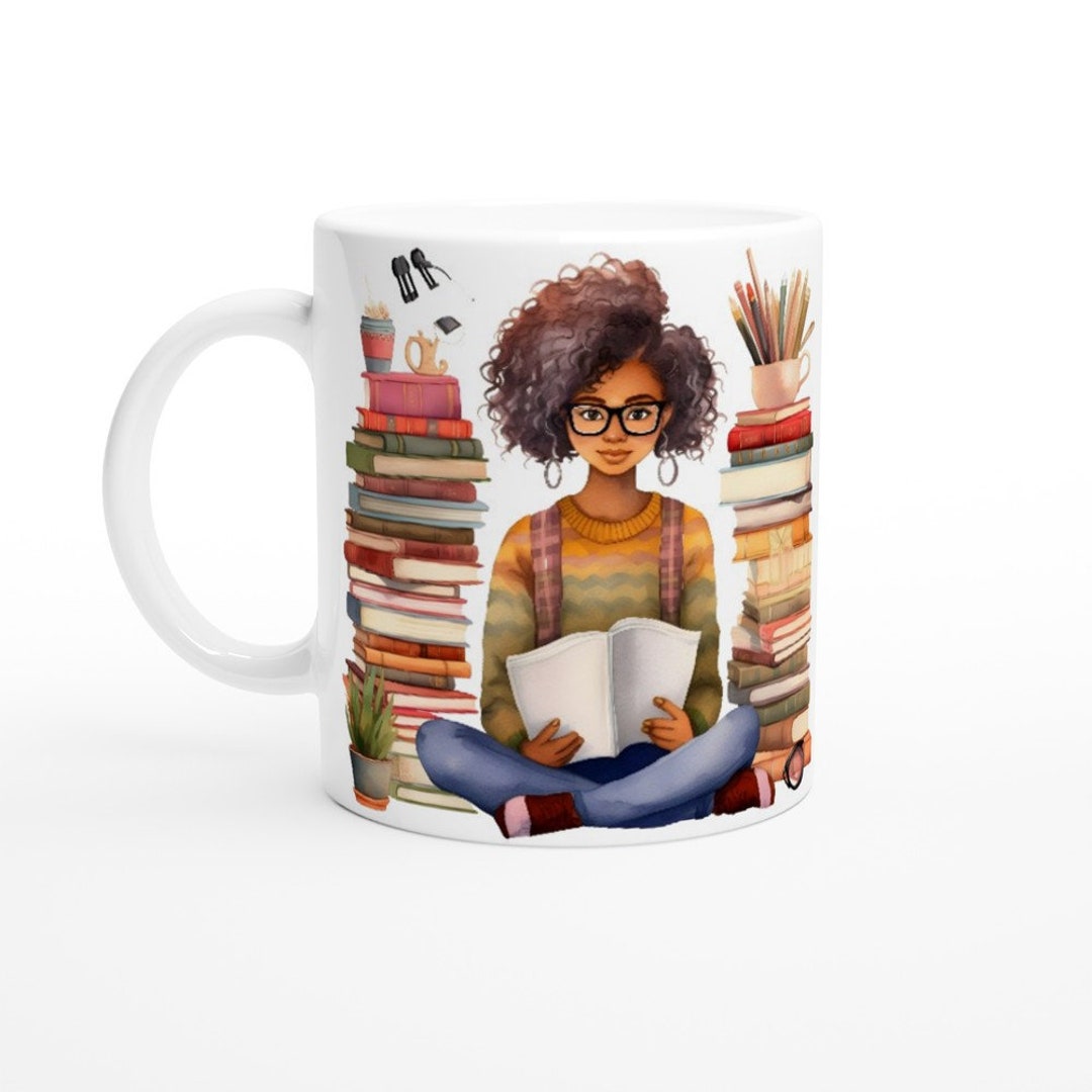 White 11oz Ceramic Bookworm Mug, Black Girls Love Reading Mug, Black ...