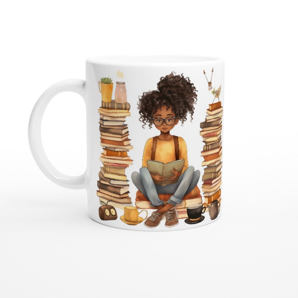 White 11oz Ceramic Bookworm Mug, Black Girls Love Reading Mug, Black ...
