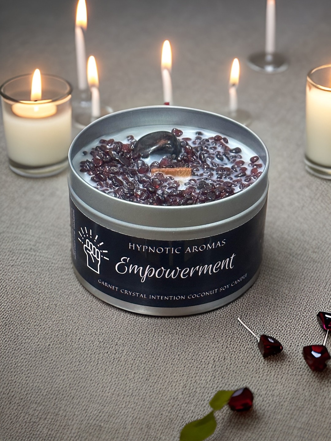 Empowerment Crystal Intention Candle Garnet Dark Rose Labdanum Wooden ...