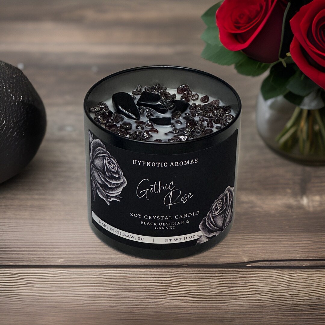 Gothic Rose Black Obsidian and Garnet Crysta L Candle Wooden Wick - Etsy