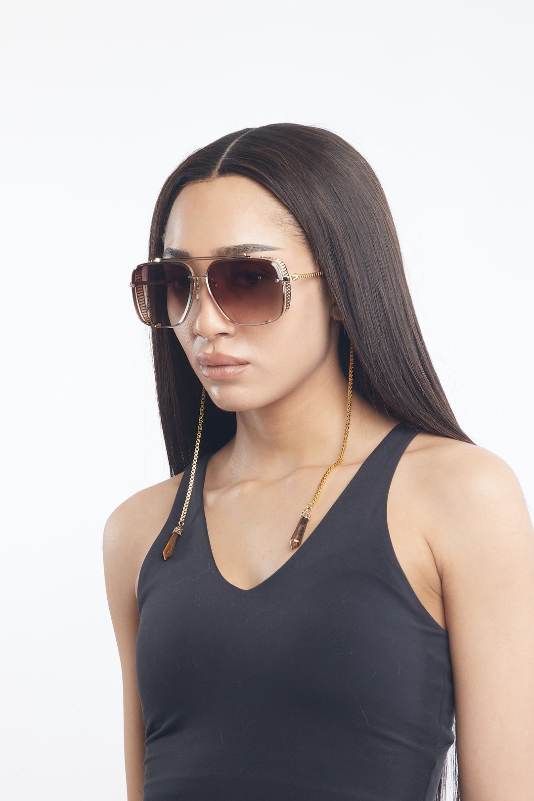 Loom&pearl Armless Chain Temple Sunglasses Square Don't Care Shades in ...